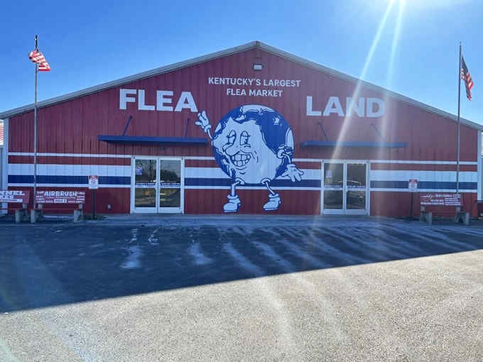 That smiling flea character knows exactly what's waiting inside—hundreds of booths packed with surprises and bargains galore.