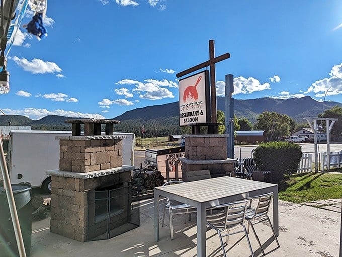 That outdoor patio with mountain views makes every meal taste better under the big sky.