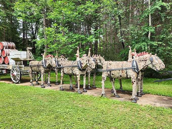 These folk art horses pull their wagon through time, decorated with bottle fragments that catch the light.
