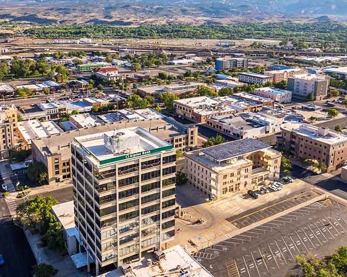 Aerial view of honest-to-goodness downtown living&mdash;no pretense, just solid structures and open spaces that remember when parking was actually free.