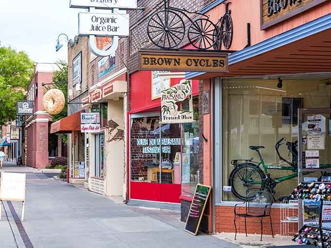 Morning light bathes storefronts in golden warmth, the kind of peaceful scene worth waking up early for.