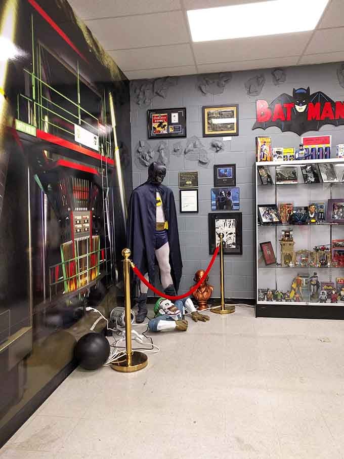 The Dark Knight stands guard inside, complete with vintage memorabilia that'll transport you back to Saturday morning cartoons.