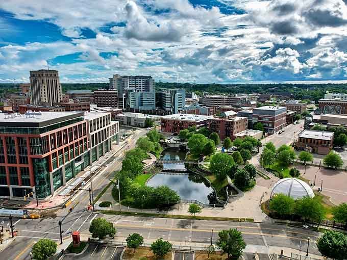 Blue skies and green spaces define Kalamazoo's downtown, where modern buildings meet parks designed for actual human enjoyment.
