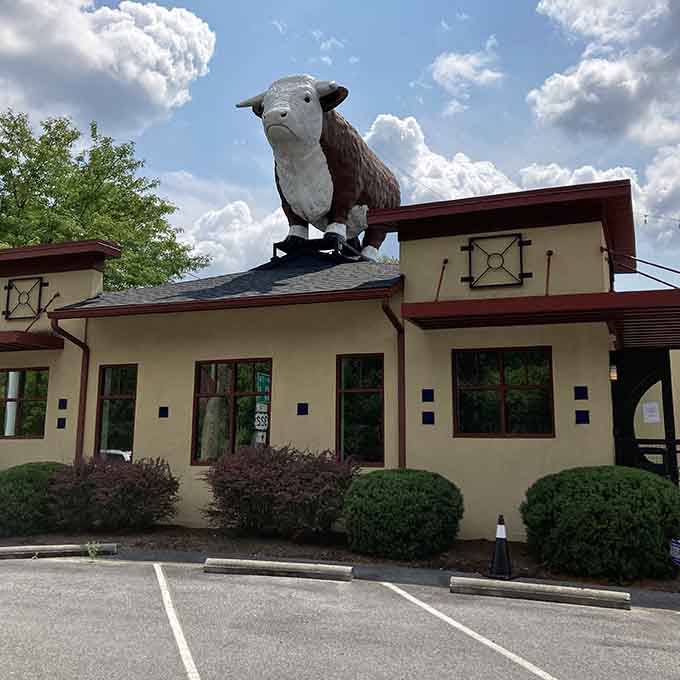 That rooftop bovine stands guard like a delicious sentinel, watching over hungry diners with pride and purpose.
