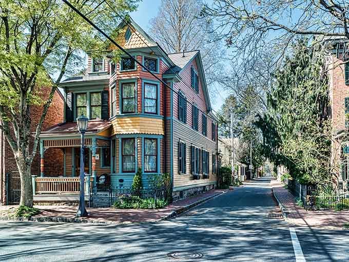 Lambertville charms instantly, colorful Victorian homes lining quiet streets, inviting slow strolls, curious glances, and a peaceful New Jersey afternoon.