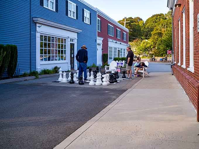 Giant chess pieces on the sidewalk prove that small towns know how to think big about community fun.