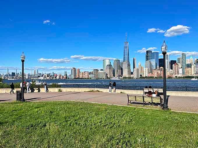 Green lawns meet glittering skyline in this perfect spot where New Jersey shows off its best side.