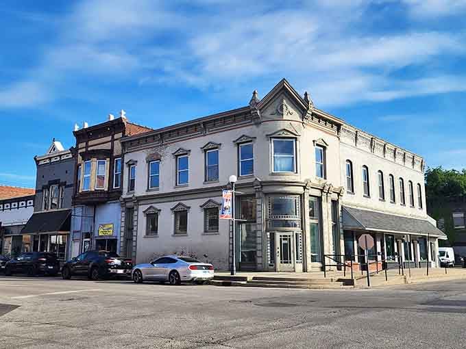Corner buildings with bay windows create the kind of streetscape Norman Rockwell would've loved to paint on Saturday mornings.