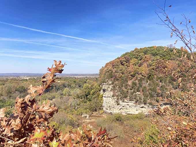 Ancient rock formations stand sentinel over autumn's colorful canvas, proving Illinois has been hiding some serious geological drama all along.