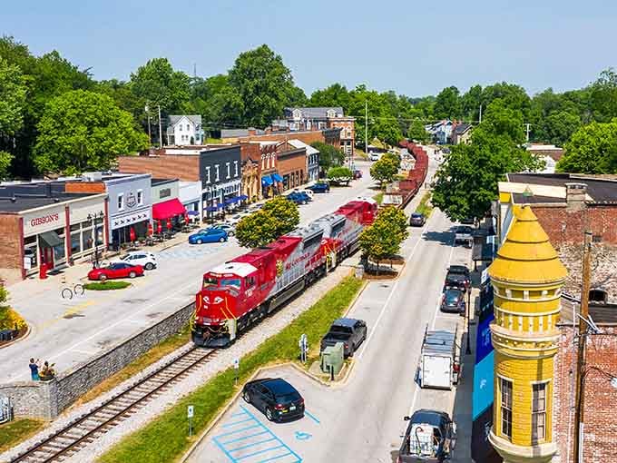 That bright red locomotive rolling through town adds excitement to an already picture-perfect downtown scene every time.
