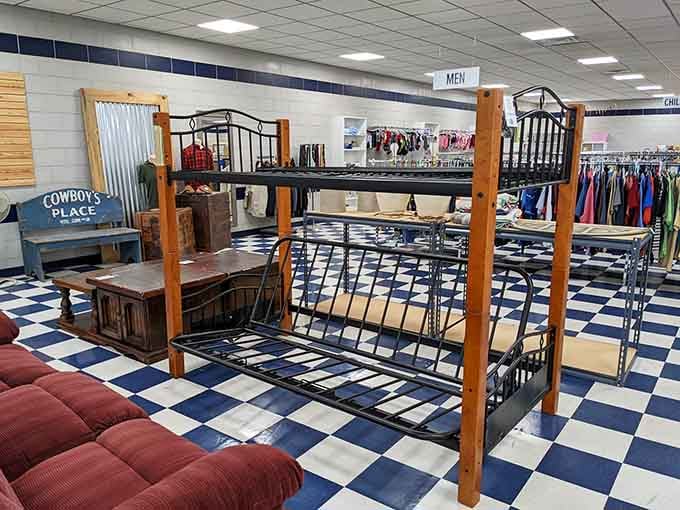 The checkered floor pattern leads you through furniture displays that could transform any room without emptying your bank account.