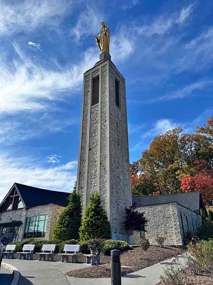 This soaring tower reaches skyward like a beacon, surrounded by autumn colors and the kind of serenity money can't buy.