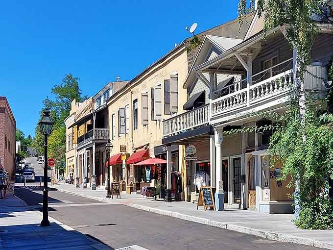 Colorful storefronts and balconies create a Gold Rush-era postcard that's somehow still delivering mail today.
