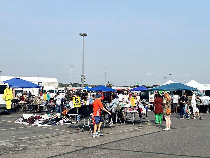 The crowd weaves between vendors like shoppers on a mission, hunting deals with the determination of Black Friday warriors.