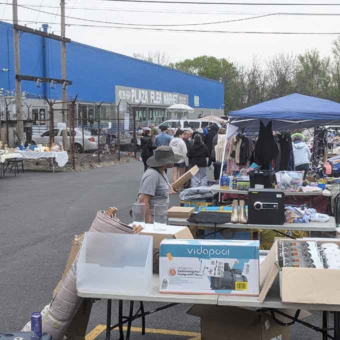 Shoppers gather beneath colorful tents, hunting through tables loaded with everything from household goods to hidden gems.