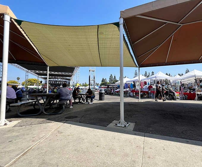Modern shade structures provide relief from the sun while shoppers browse tables loaded with potential discoveries.