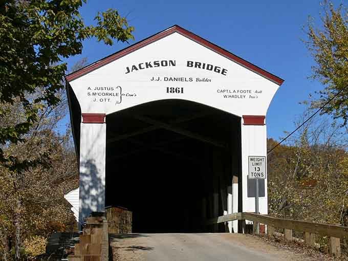 Jackson Bridge from 1861 still welcomes travelers, its weathered timbers holding stories from the Civil War era.