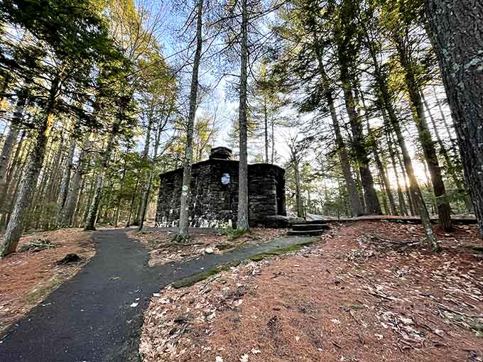 The memorial tower rises through the pines like a beacon, marking the highest point where five states meet your gaze.