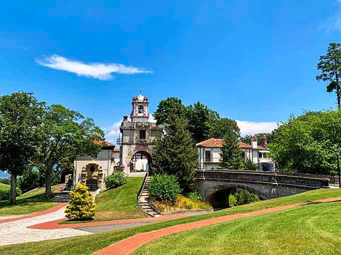 That decorative bell tower and pristine landscaping could fool anyone into thinking they've stumbled upon a European monastery garden.