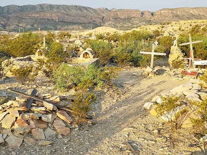 The cemetery's simple crosses dot the hillside, each marking a story from the Old West's mining days.