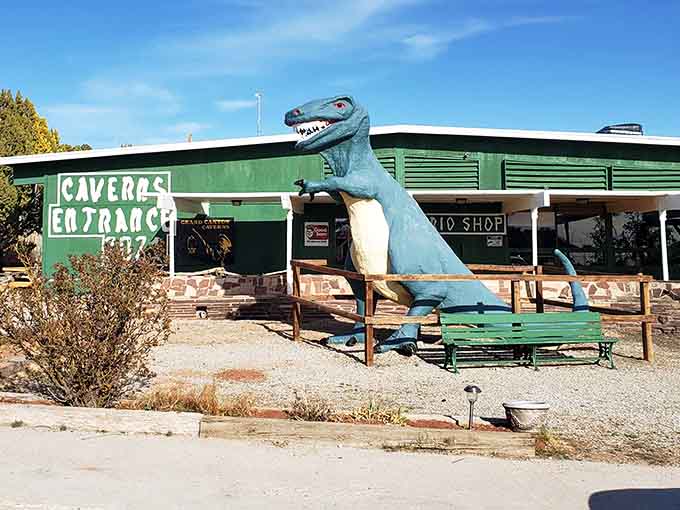 This prehistoric greeter has been welcoming hungry travelers to an underground dining adventure for decades now.