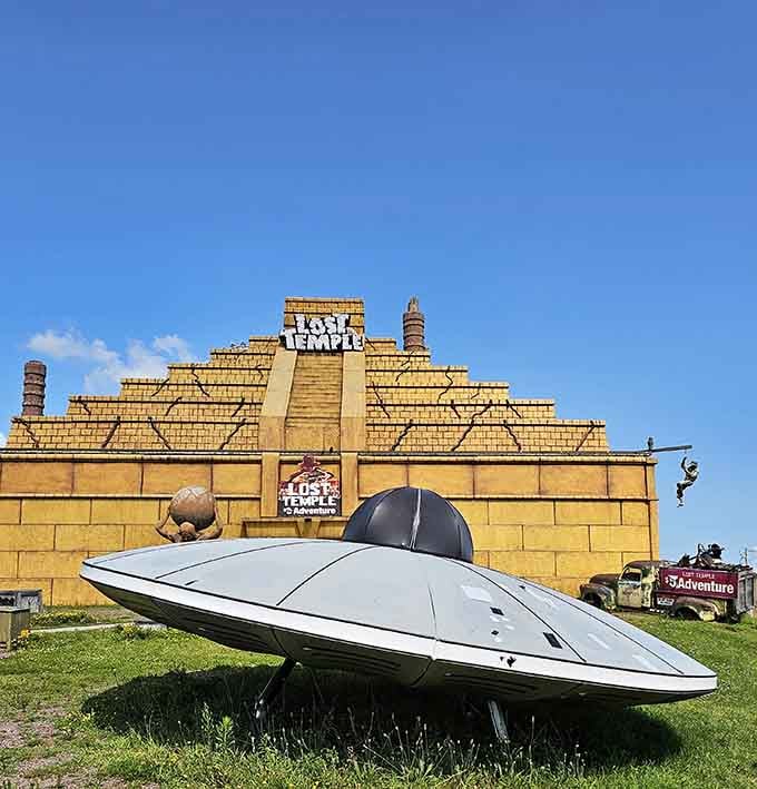 A silver UFO parked on the lawn adds just the right amount of quirky charm to this adventure.