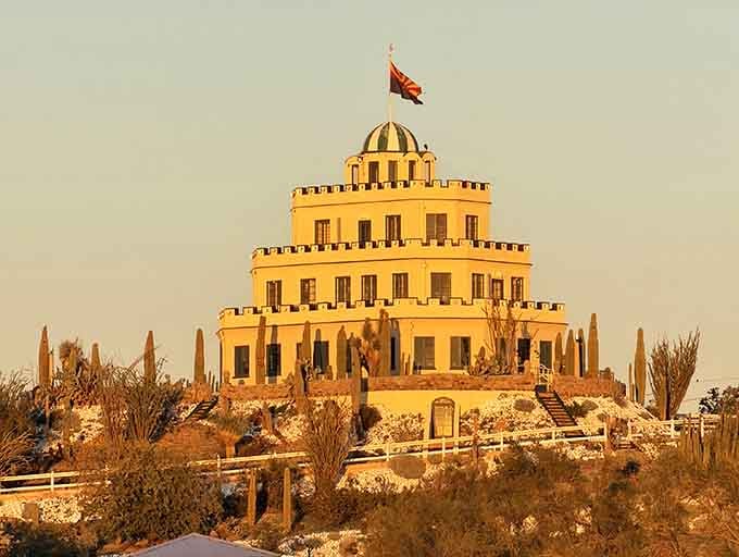 Golden hour transforms this quirky desert castle into something even more magical than usual, doesn't it?