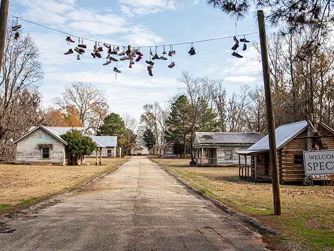 Those shoes dangling overhead give this abandoned movie set an oddly artistic vibe that's pure Southern quirk.