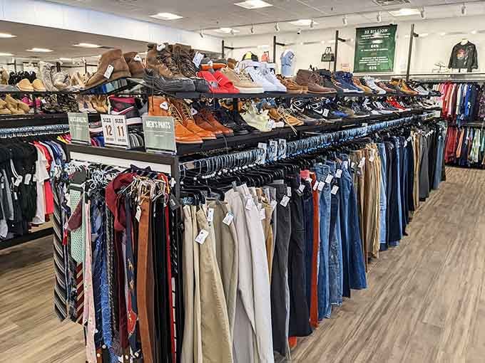 Shoes perched above clothing racks like a department store display, except everything here costs about what lunch used to.