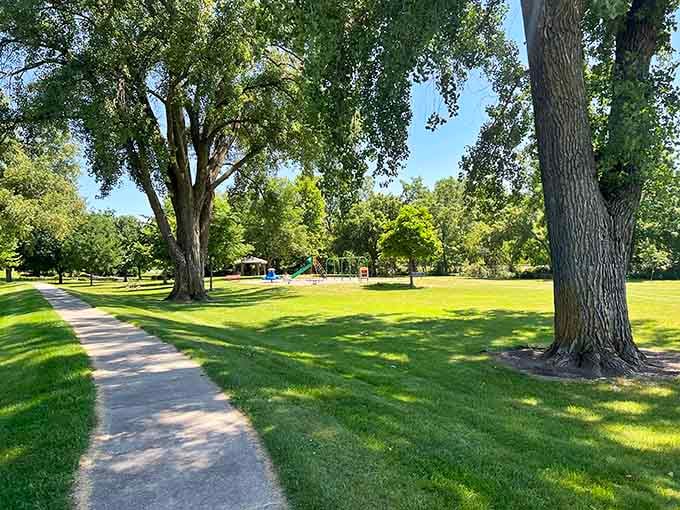 Shaded pathways wind through Eberhardt Park, inviting leisurely strolls that remind you why walking was invented.