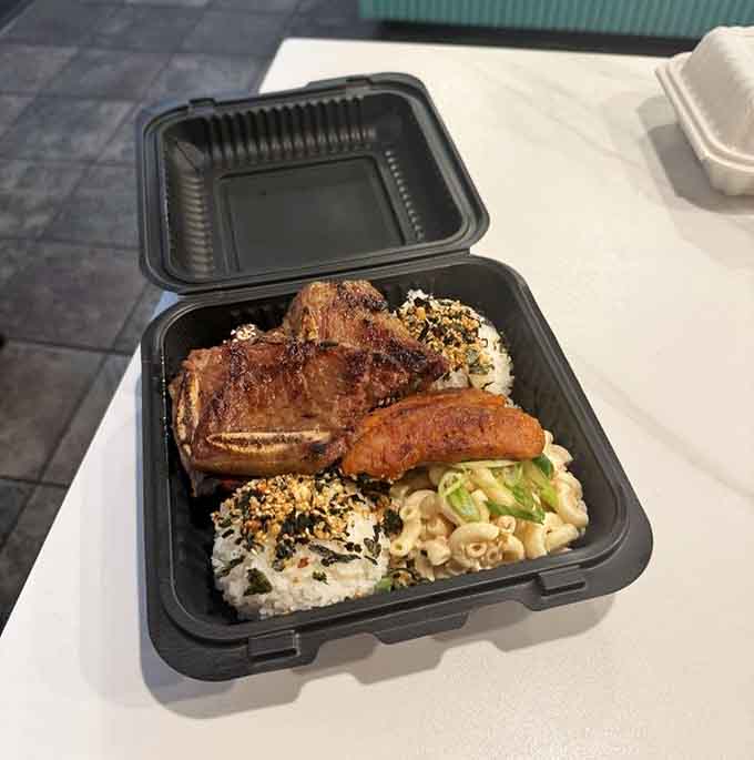 The Big Kahuna plate lives up to its name with tender meat, furikake rice, and mac salad perfection.
