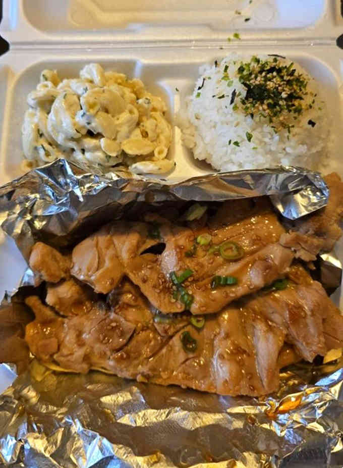 Huli Huli Chicken with macaroni salad and rice: the holy trinity of Hawaiian plate lunch perfection.