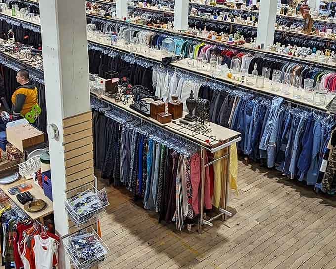 The view from above reveals the true scale of this thrifting paradise, organized chaos at its finest.