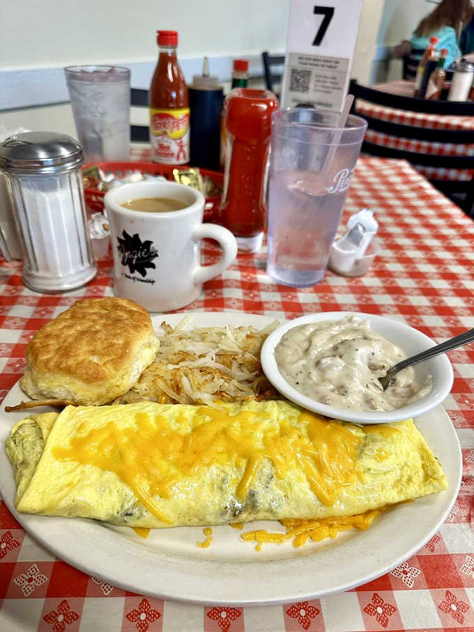 That fluffy omelet with perfectly crispy hash browns is what breakfast dreams are made of.