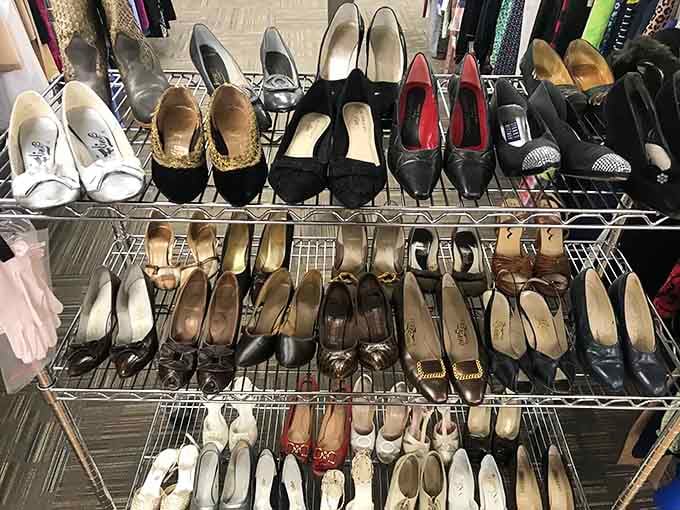 Rows of women's shoes tell a thousand stories, from sensible flats to sparkly heels that danced their last dance.