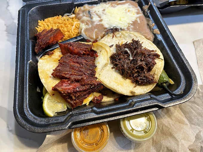 This three-taco plate with rice and beans proves that gas station food stereotypes need a serious update.