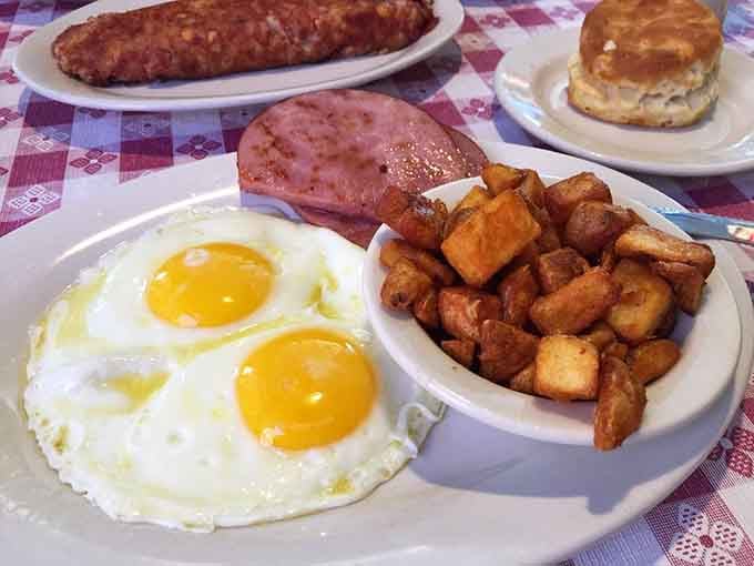 Two sunny-side eggs, crispy hash browns, and ham thick enough to share (but you won't want to).
