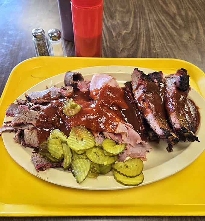 This beautiful mess of brisket and ribs proves that presentation doesn't need fancy plating to be absolutely perfect.