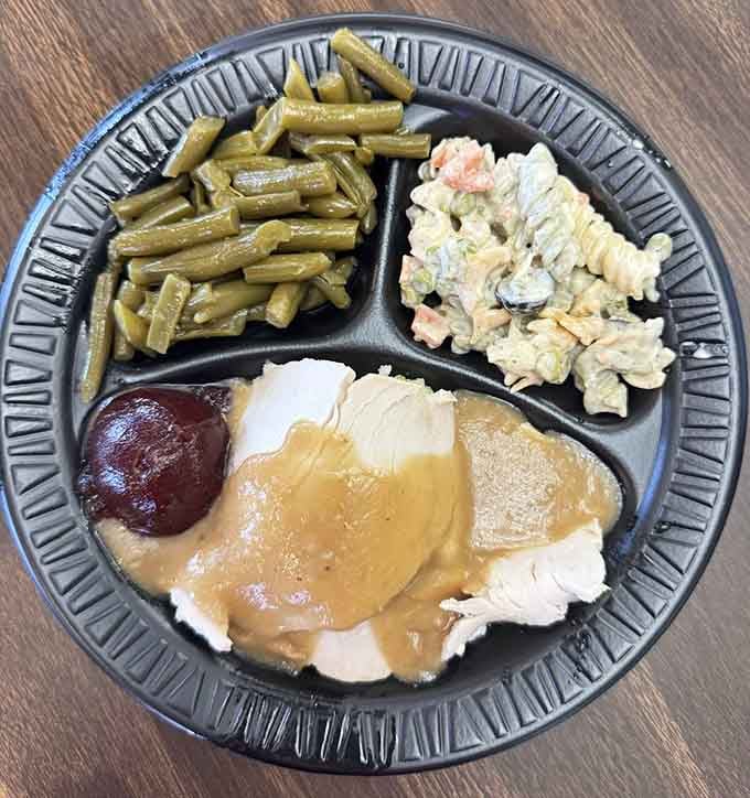 Behold the classic turkey dinner plate: tender slices, rich gravy, green beans, and pasta salad in perfect harmony.