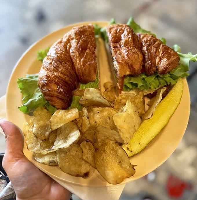 Golden croissants cradling savory fillings with chips on the side; this is how lunch should always look.