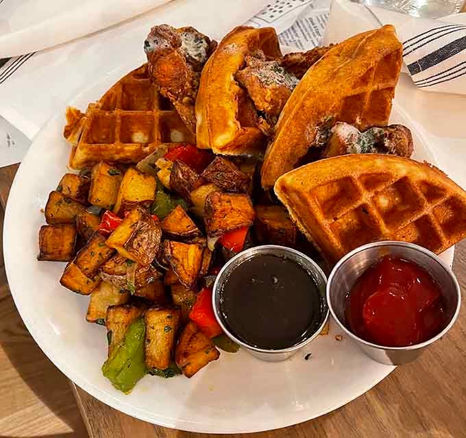 Chicken and waffles proving that the best relationships are built on contrasts, crispy meeting fluffy in perfect harmony.