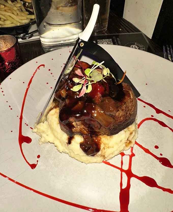 The Sweeney Beef arrives with theatrical flair, complete with a straight razor that's thankfully just decoration.