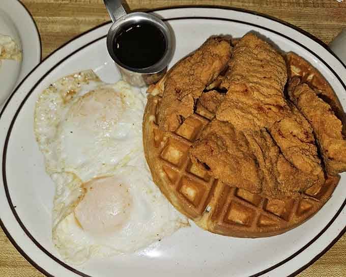 Crispy fried chicken meets fluffy waffles in a combination that would make your grandmother proud and jealous.