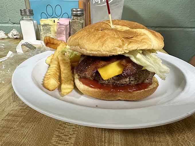 Behold the burger that requires an engineering degree to pick up, complete with crispy fries and melted cheese glory.