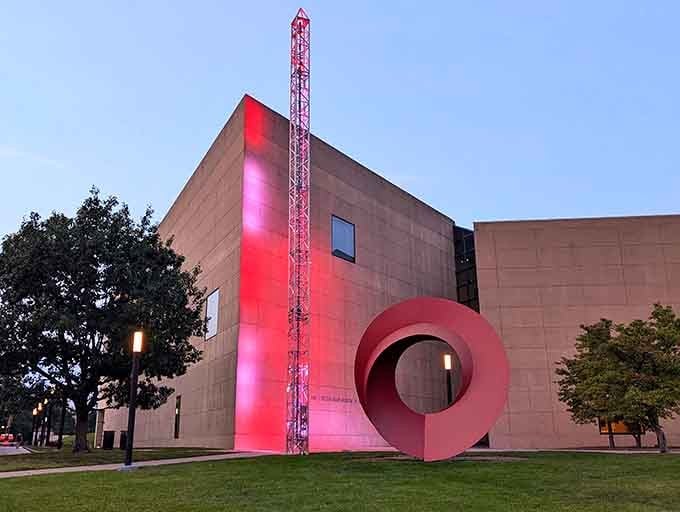 The Eskenazi Museum glows at twilight, holding masterpieces that would make major cities jealous of little Bloomington.