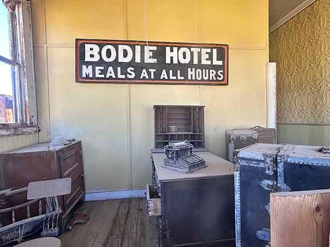 That Bodie Hotel sign promised meals at all hours, though the kitchen's been closed for about a century now.