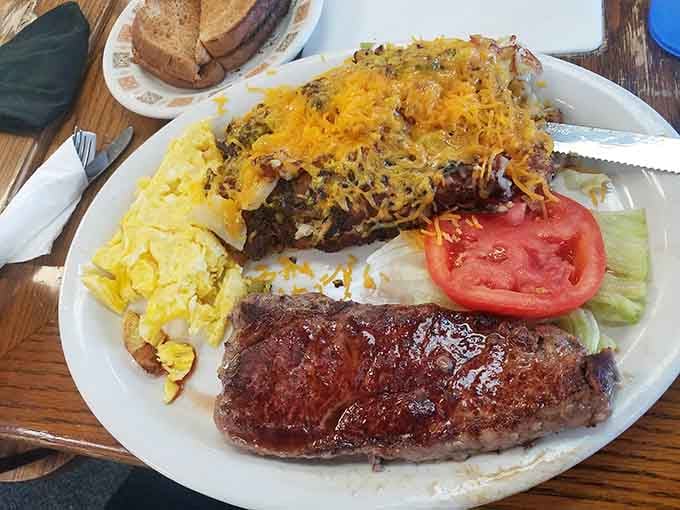When your omelet needs its own zip code and comes with a steak that means serious business.