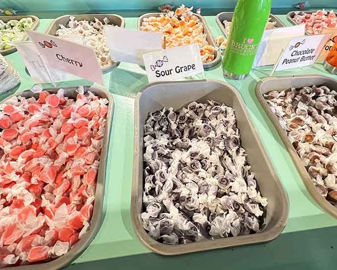 Cherry and sour grape taffy sitting side by side like old friends at a reunion, sweet and tangy.