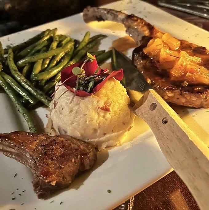 This pork tomahawk is so beautifully plated, it deserves its own spotlight on a cooking competition show.