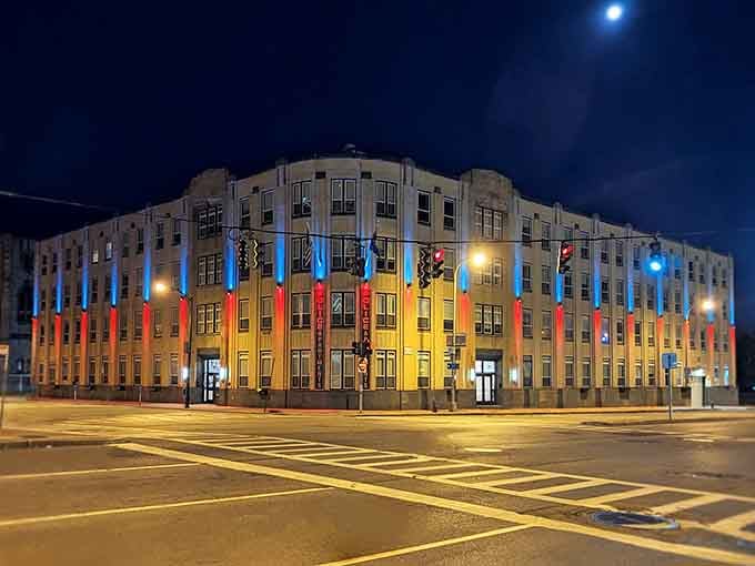 When the sun sets and the lights come up, this Art Deco beauty glows like a jewel box.